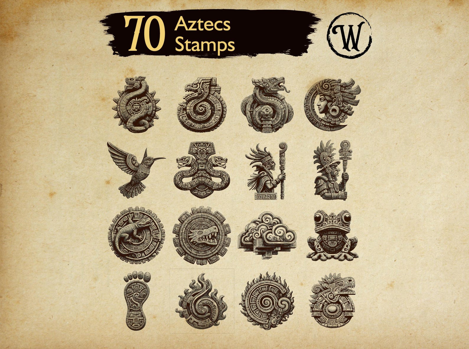 70 Aztec Procreate Stamps, Ancient Maya Tattoo Designs, Digital Brushes ...