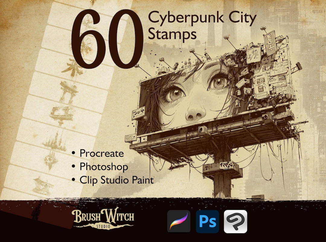 Cyberpunk City Stamps: Futuristic Urban Sci-fi Skyline Procreate ...