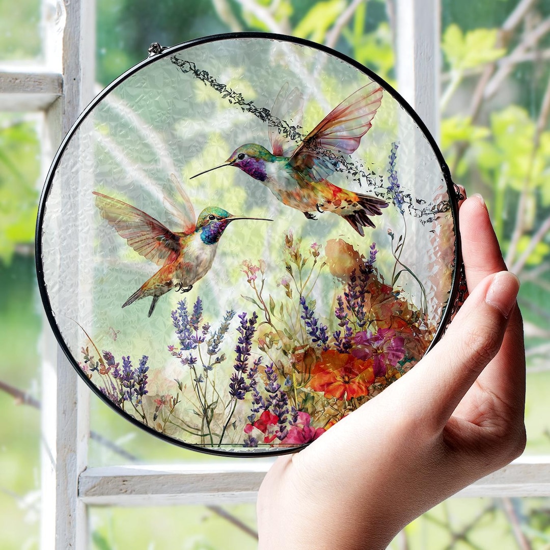 Hummingbirds Stained Glass Suncatcher – Round Window Hanging, Vibrant ...