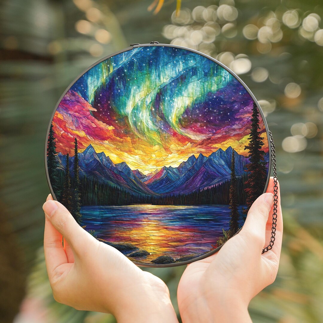Stained Glass Aurora Borealis Suncatcher: Mountain Lake Window Hanging ...