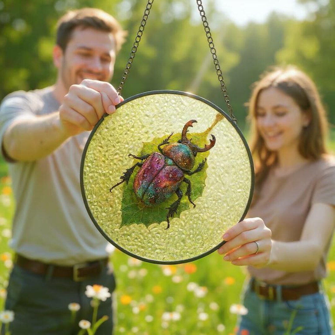 Jewel Beetle Stained Glass Suncatcher: Iridescent Insect Window Hanging ...