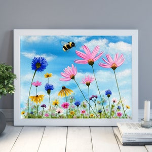 Flower and Bumblebee Art PRINT, Acrylic Painting Giclee Print, Floral ...