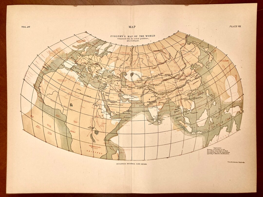 1883 Rare Antique Encyclopedia Britannica-ptolemy's Map of the World ...
