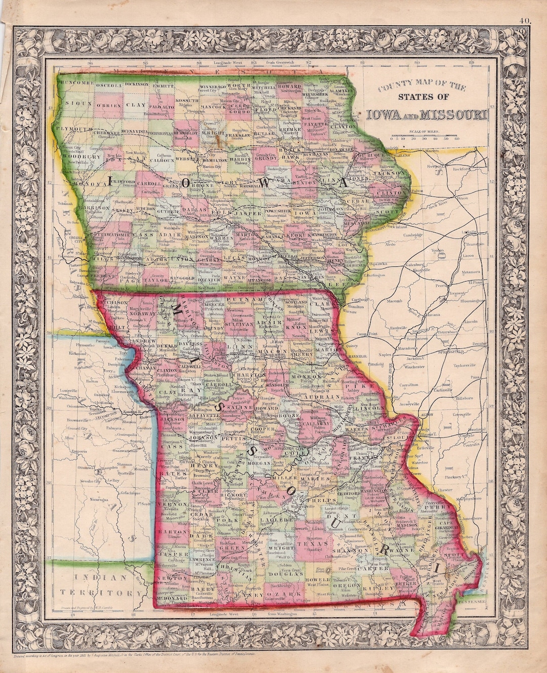 1865 Rare Antique Mitchell's New General Atlas Map of Iowa and Missouri ...