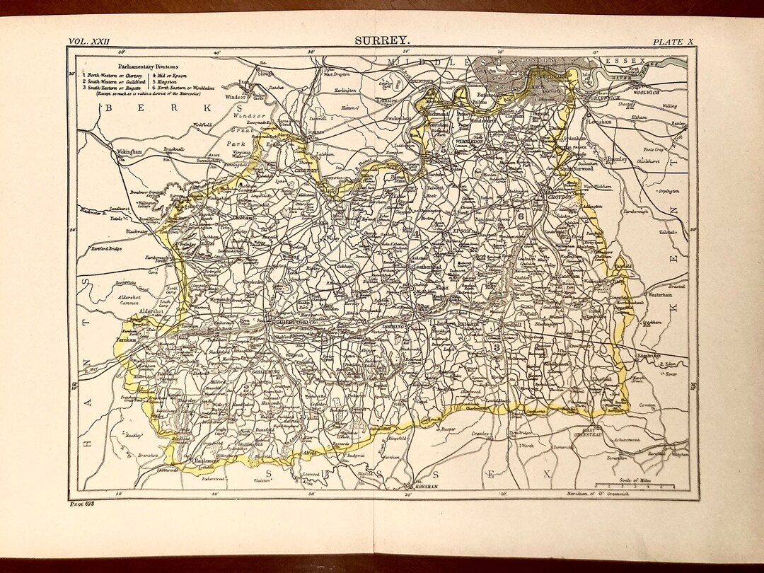 1887 Rare Antique Encyclopaedia Britannica Map of Surrey-english County ...