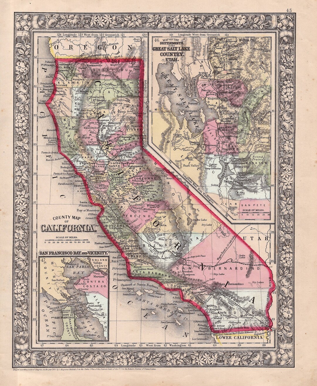 1865 Rare Antique Mitchell's New General Atlas Map of California ...
