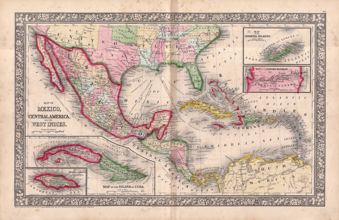 1865 Rare Antique Mitchell's New General Atlas Map-mexico, Central ...