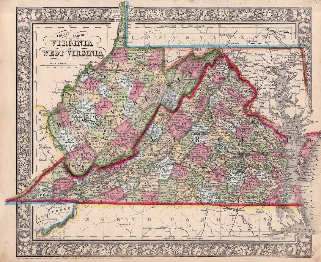 1864 Rare Antique Mitchell's New General Atlas Map of Virginia & West ...