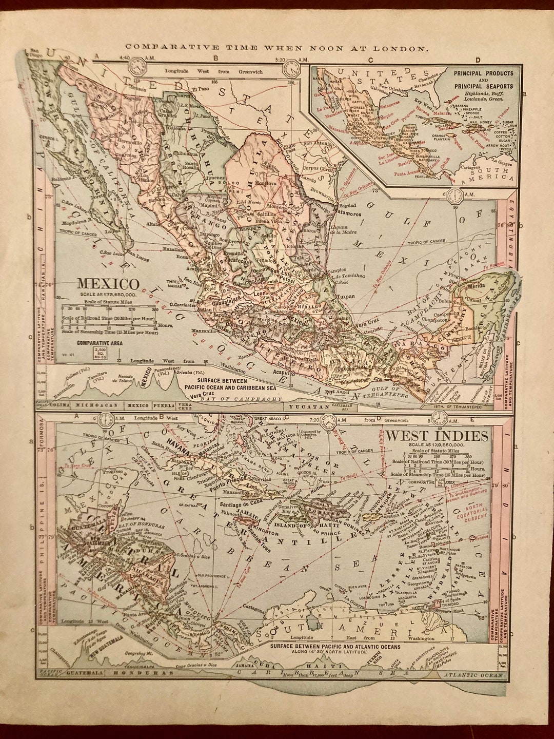 1881 Rare Antique Harper's Atlas Map of Mexico & the West Indies ...