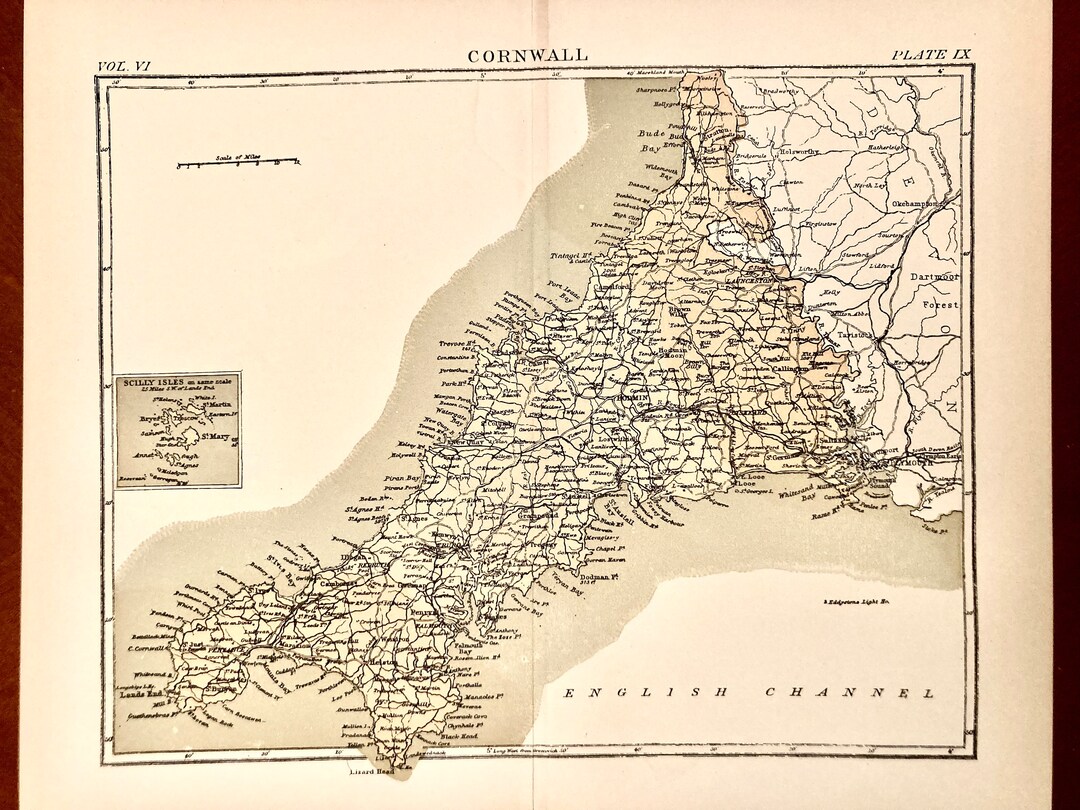 1886 Rare Antique Encyclopaedia Britannica Map of Cornwall-english ...