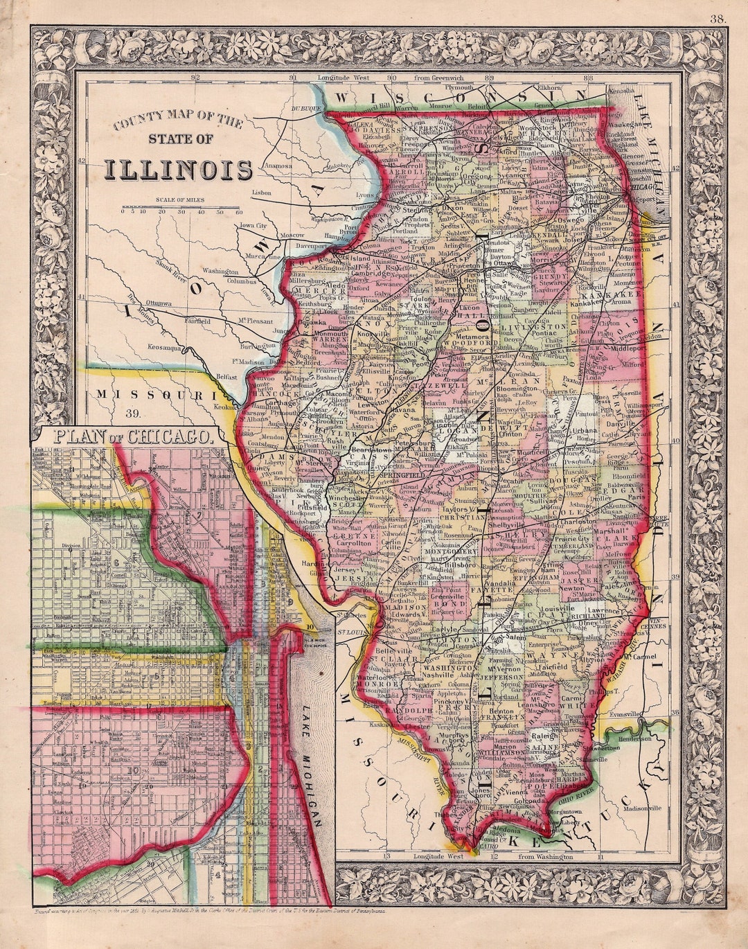 1865 Rare Antique Mitchell's New General Atlas Map of Illinois, United ...