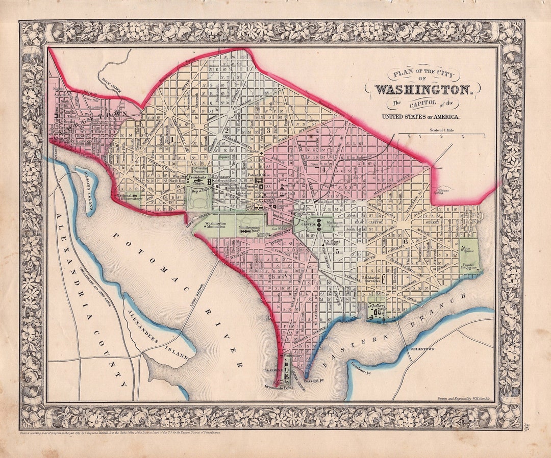 1865 Rare Antique Mitchell's New General Atlas Map-plan of Washington D ...