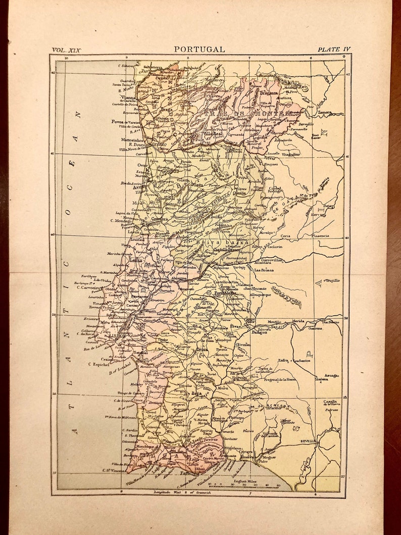 1885 Rare Antique Encyclopedia Britannica Map of Portugal, West Coast ...