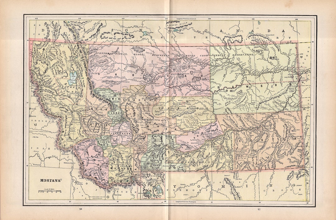 1891 Rare Antique Cram Atlas Map of Montana, United States-map to Frame ...