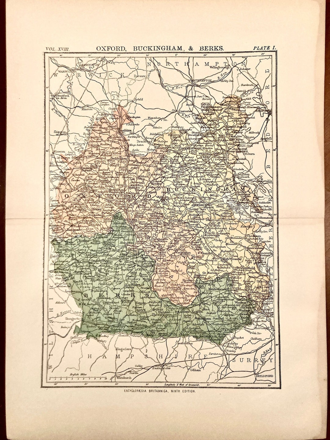 1886 Rare Antique Encyclopaedia Britannica Map of Oxford, Buckingham ...