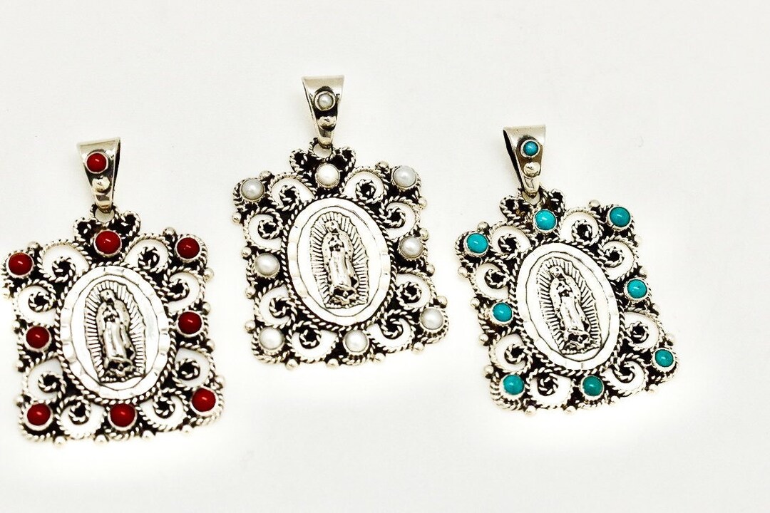 Virgin Mary Silver Medal Pendant and Oxidized Calado Finish Square ...