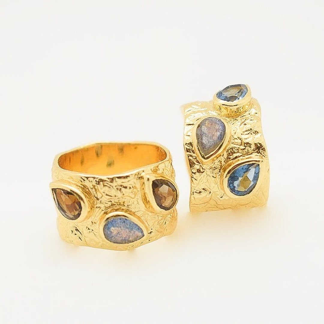 Hammered Wide Band Gold Plated Ring With Gemstones - Etsy