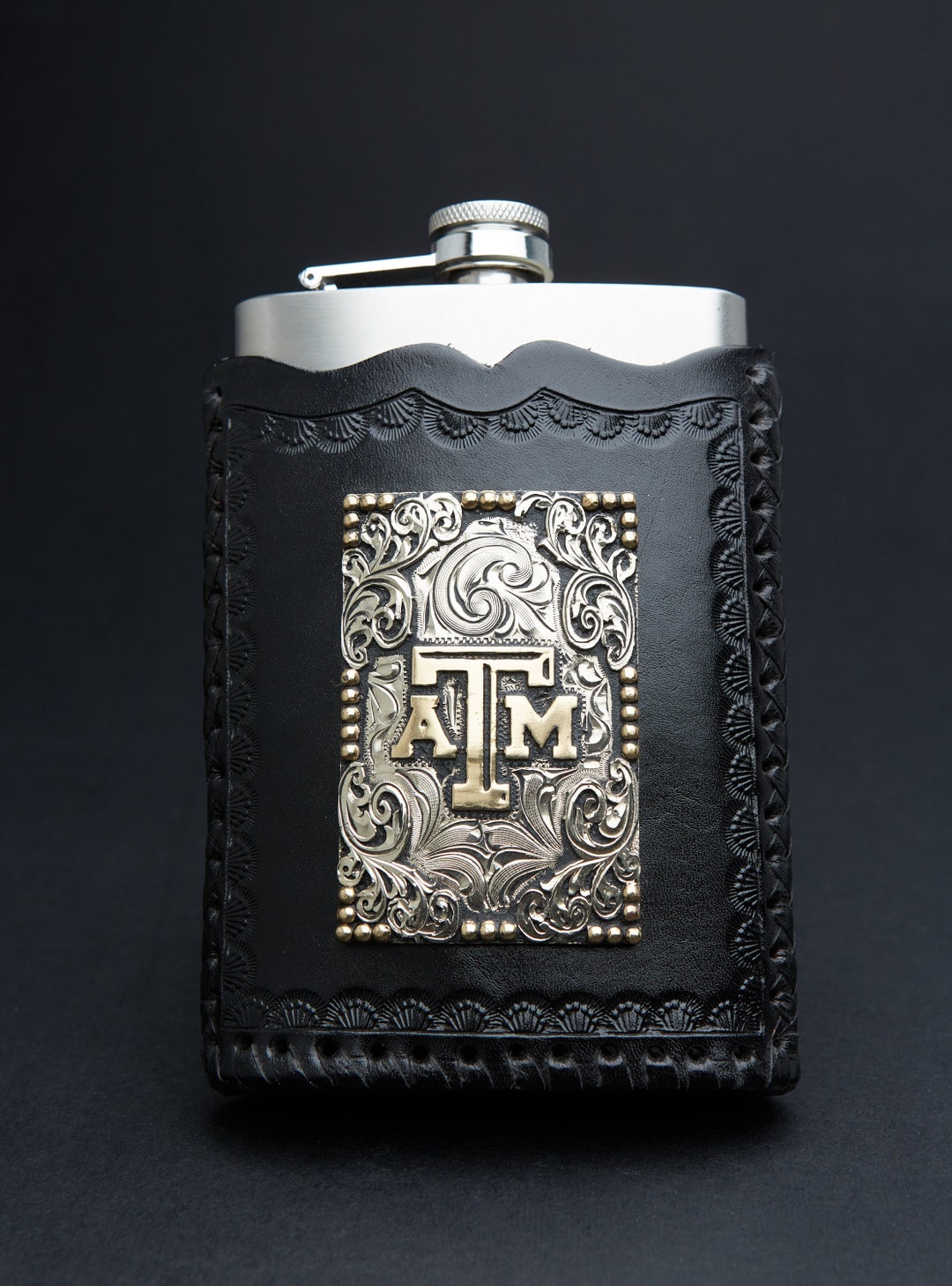 Flask W/ Hand-tooled Leather Sleeve With Custom Trophy Buckle / Emblem ...
