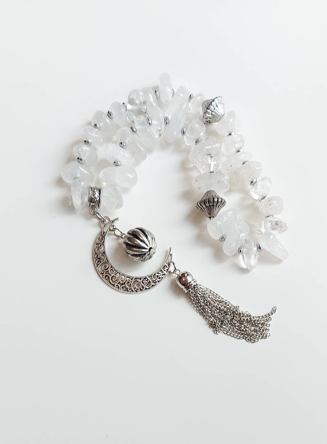 Islamic Crystal Clear Quartz Prayer Beads, Tassel Moon Tespih Subhah ...