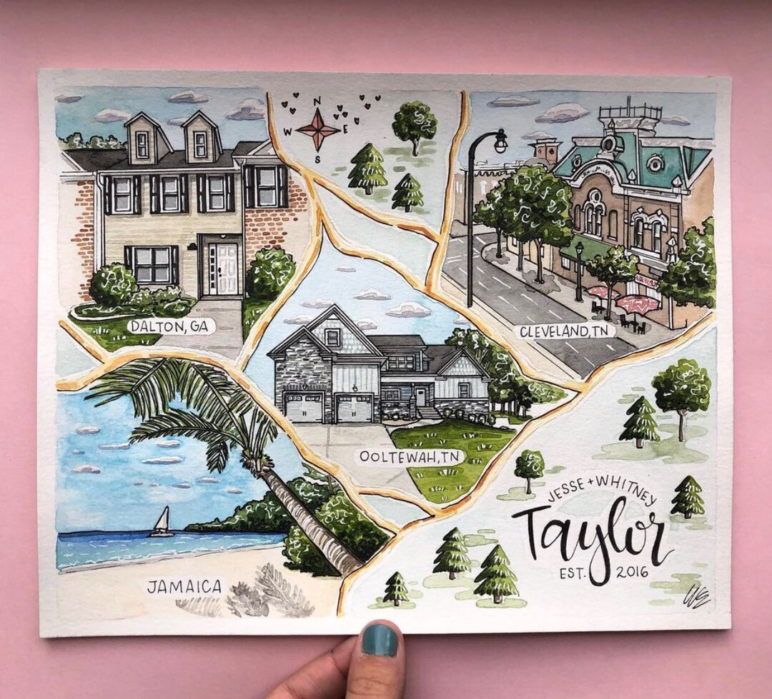 Custom Watercolor Love Map Painting Personalized Couple Journey Gift ...