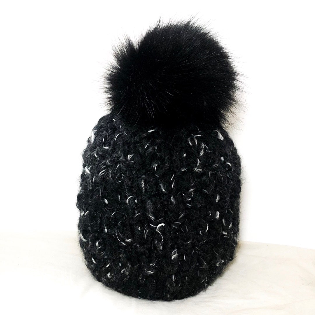 Premium Cozy Wool Textured Knit Hat - Adult, Black and White, Handmade ...