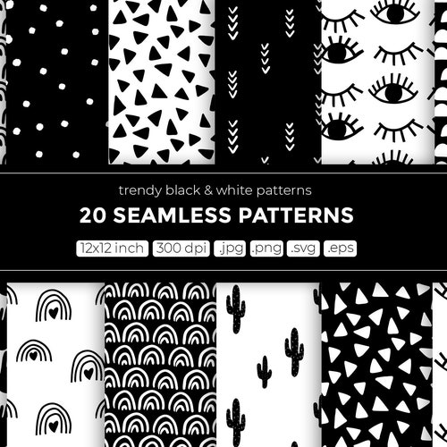 Black and White Digital Paper Seamless Patterns Printable - Etsy