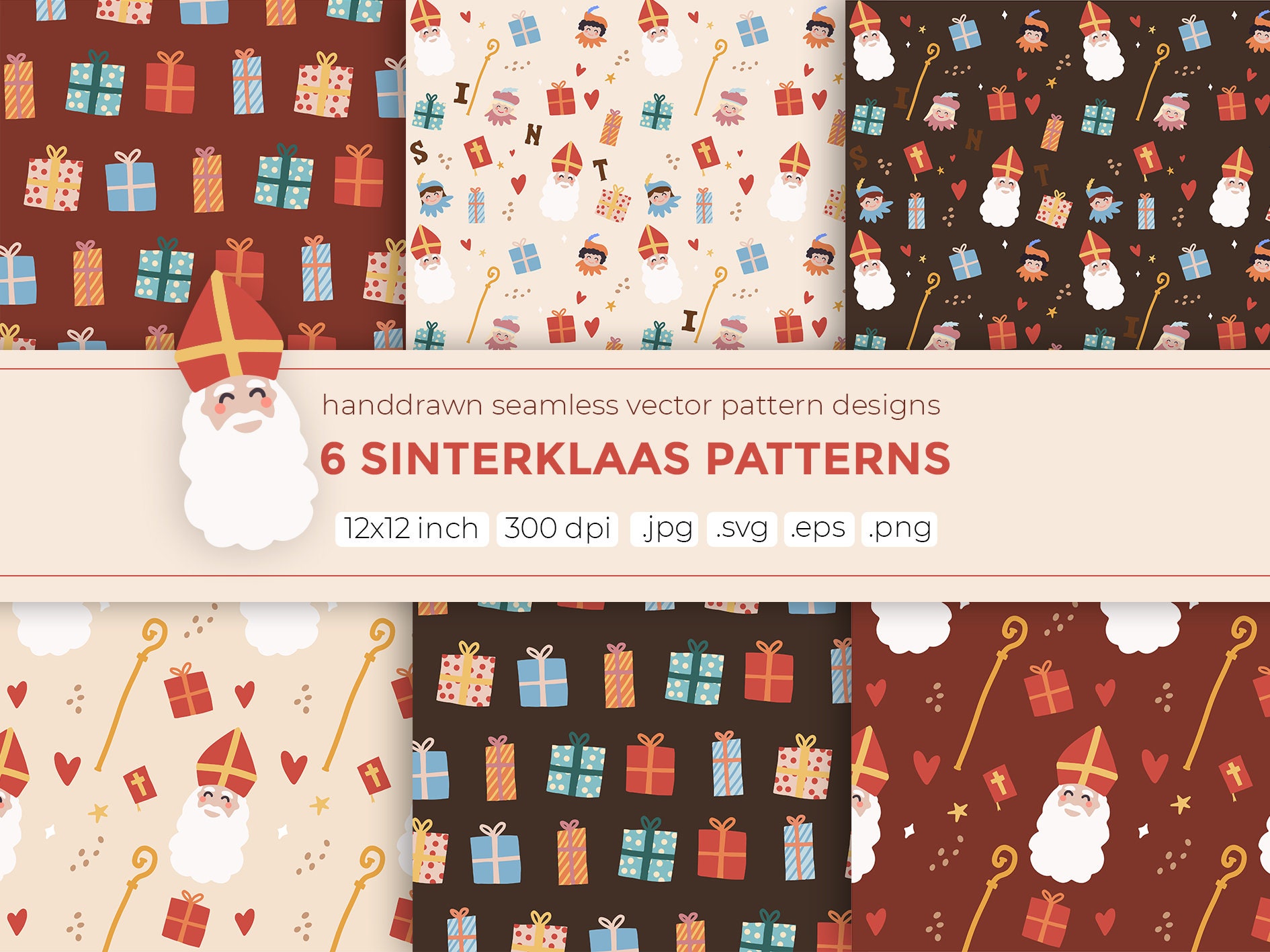 6 Sinterklaas Digital Papers, Seamless Vector Patterns, Sint En Piet ...