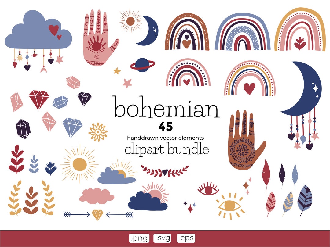 Bohemian Clipart Set, Boho Bundle, Boho Vector Clipart, Boho Rainbows ...