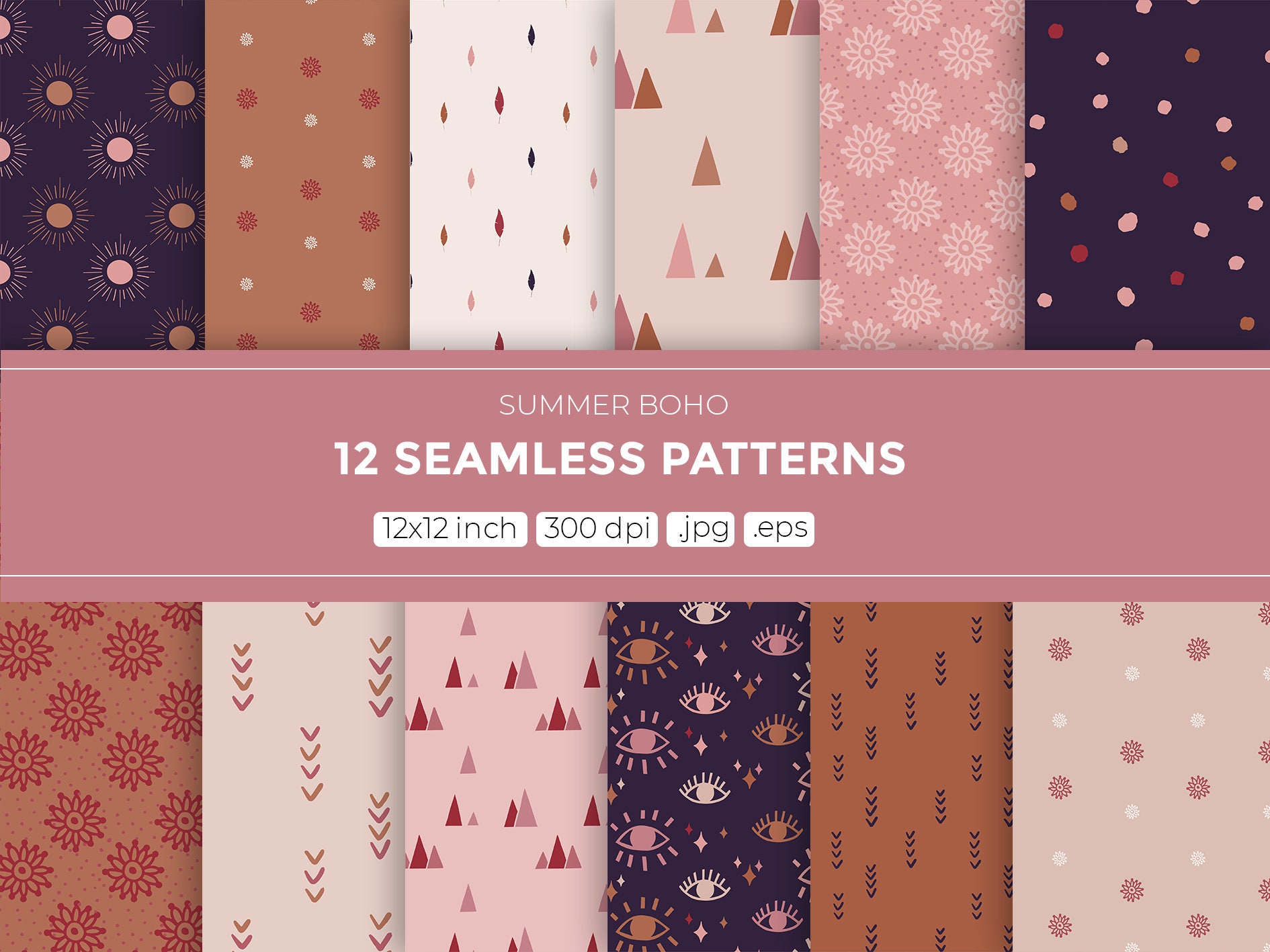 Boho Spring&summer Digital Paper, Seamless Vector Pattern, Bohemian ...