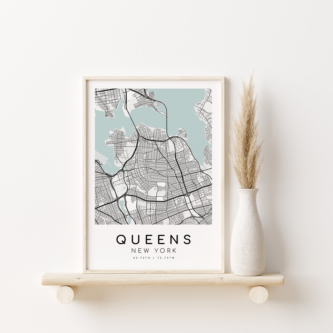 QUEENS New York City Map, NY Map Poster, Blue and White Print Wall Art ...