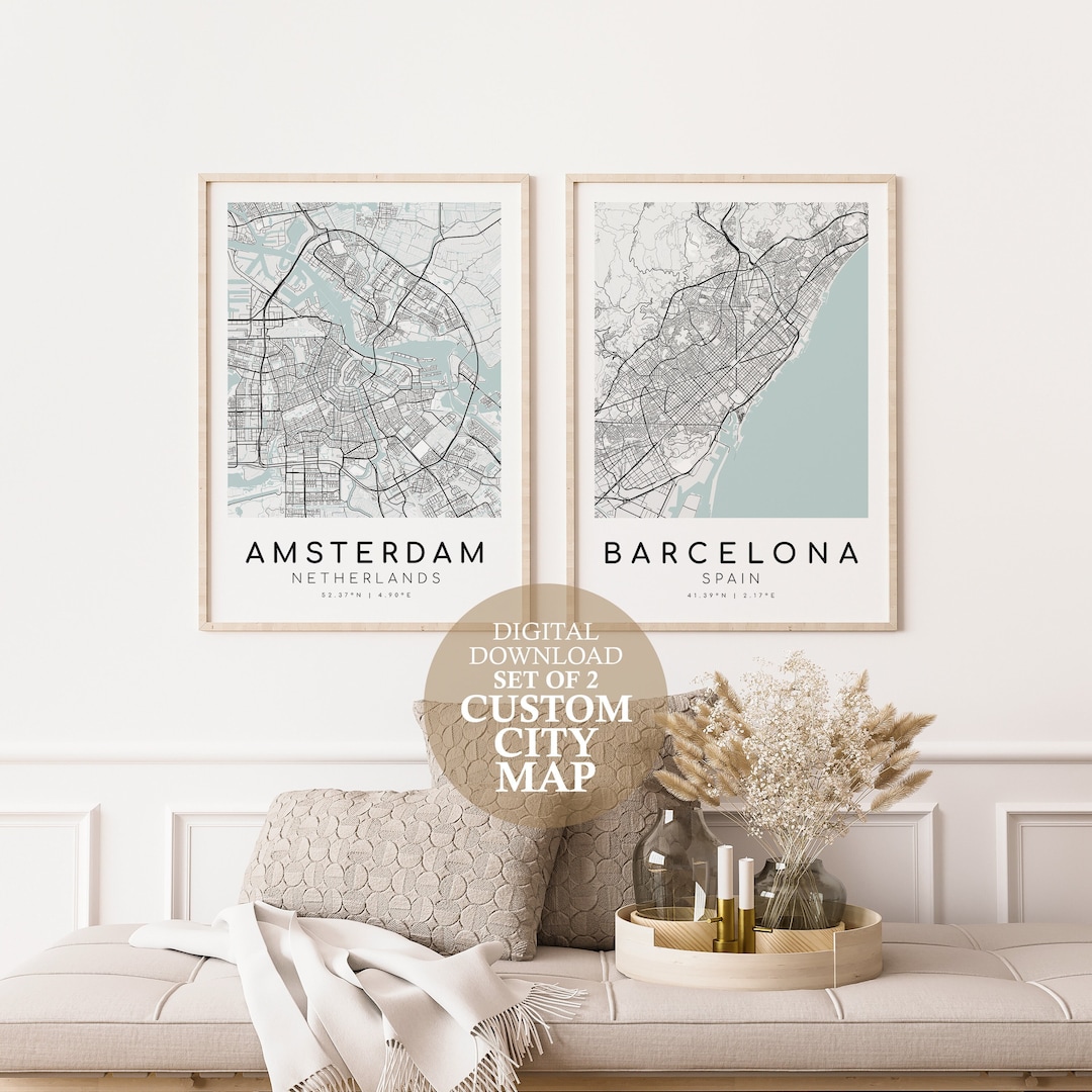 Set of 2 Custom City Map, Digital City Prints Download , Posters ...