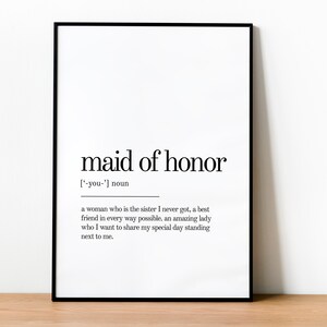 Maid of Honor Definition Print, Wall Prints, Digital Download, Quote ...