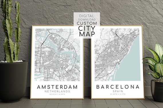 Set of 2 Custom City Map Digital City Prints Download - Etsy