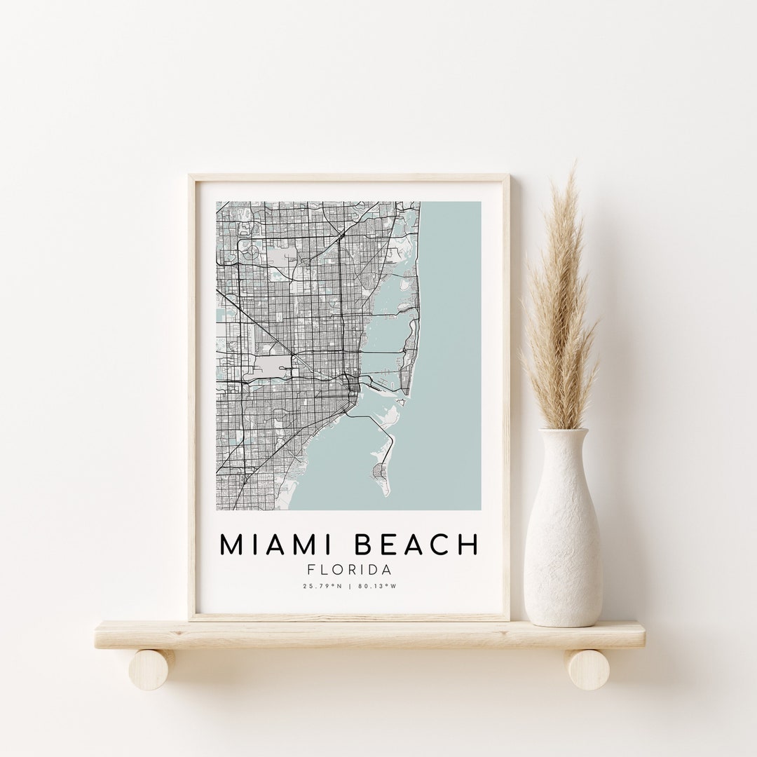MIAMI BEACH Florida City Map, Wall Map Poster, Engagement Map Art ...
