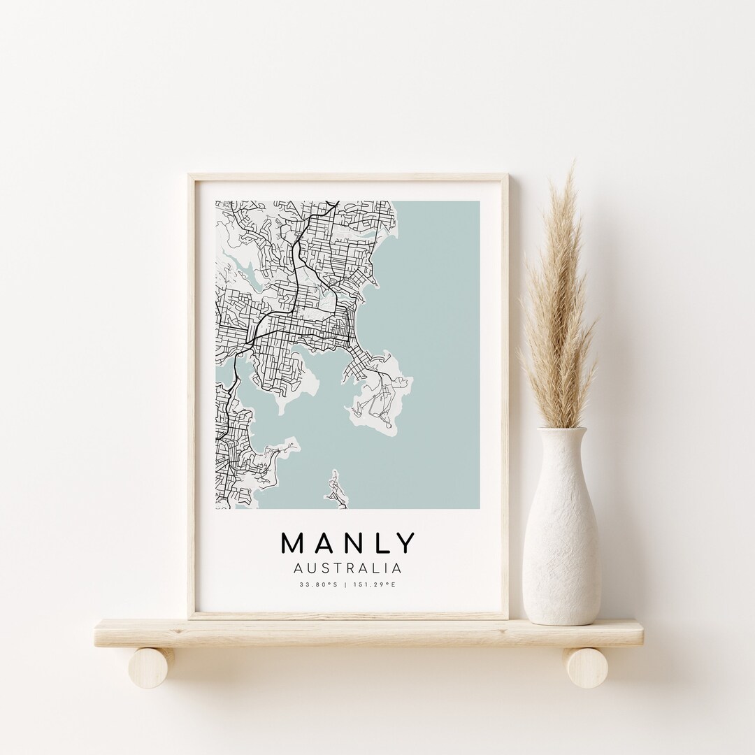Manly City Map, Australia Map Print, Wall Art City Map, Happy Anniversary, Birthday Gift, Custom ...