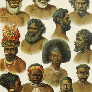 1897 Antique Lithograph of PEOPLE From OCEANIA. Oceanian People ...