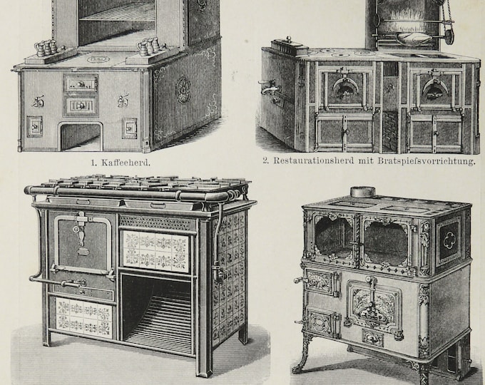 1895 Antique Print of ANCIENT KITCHEN STOVES. Wood-burning Iron Stoves ...