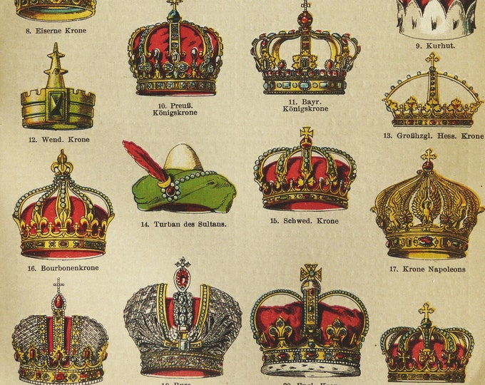 1889 Antique Lithograph of CROWNS, Different Types. Jewelry. Heraldry ...