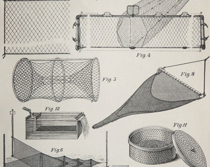 1889 Antique Rare Print of FISHING. FISHING NETS, Different Types. Fish ...