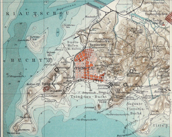 1897 Antique Map of the GERMAN COLONY of TSINGTAO. Qingdao. China ...