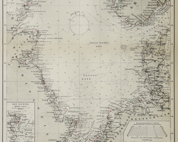 1895 Antique Map of THE NORTH SEA. Atlantic Ocean. 129 Years Old Chart ...