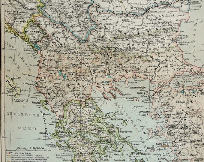 1900 Antique Map of BALKANS. BALKAN PENINSULA. Romania. Bulgaria ...