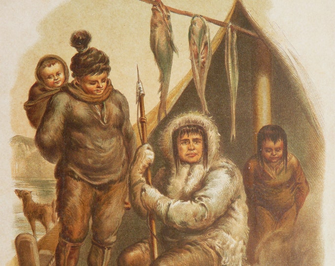 1872 Antique Lithograph of ESKIMOS. ESKIMO PEOPLE. Circumpolar People ...