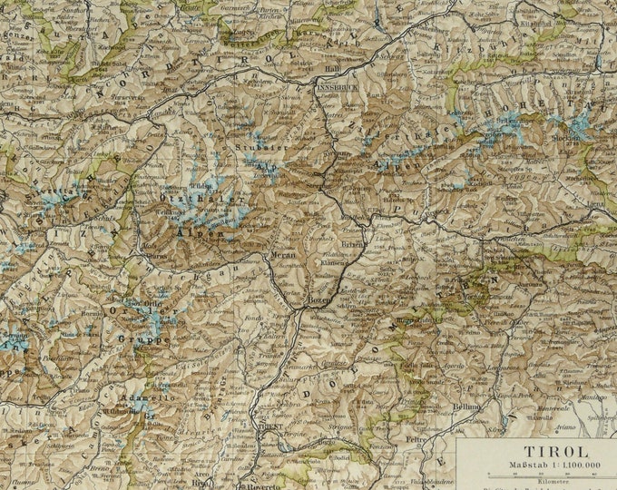 1897 Antique Map of TYROL REGION. the Tyrole. the Alps. Austria-hungary ...