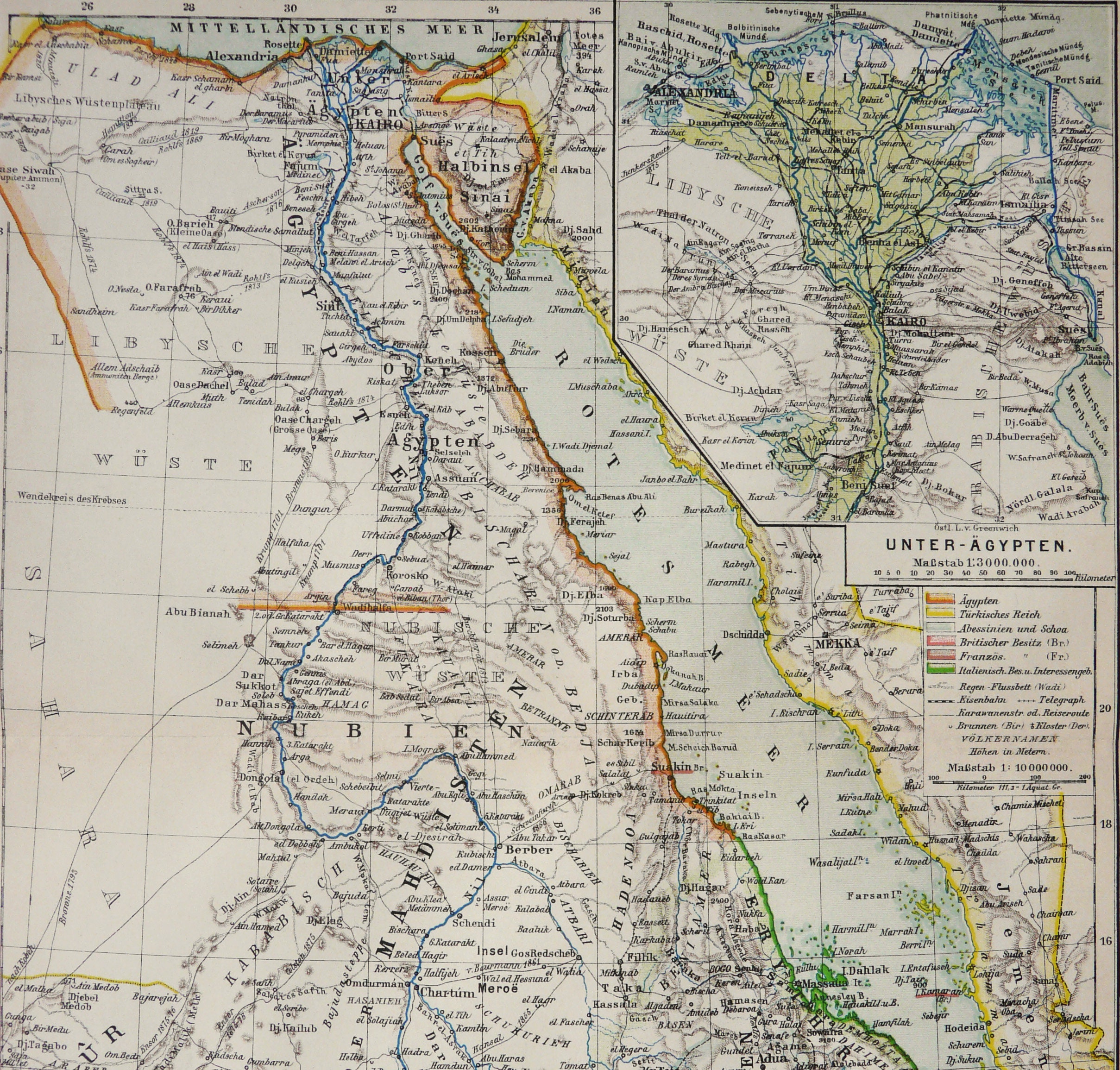 1895 Antique Map of EGYPT. CAIRO. ALEXANDRIA. Nile River. 129 Years Old ...