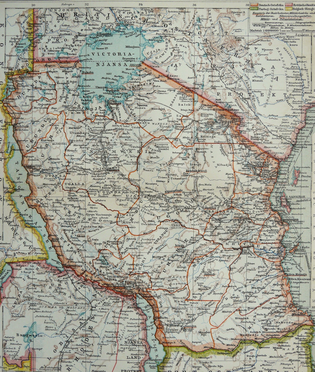 1895 Antike Landkarte von DEUTSCHLAND OSTAFRIKA. Tansania. Burundi ...
