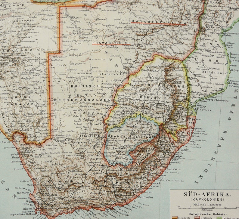 1897 Antique Map of SOUTHERN AFRICA, South Africa, Bostwana, Namibia ...