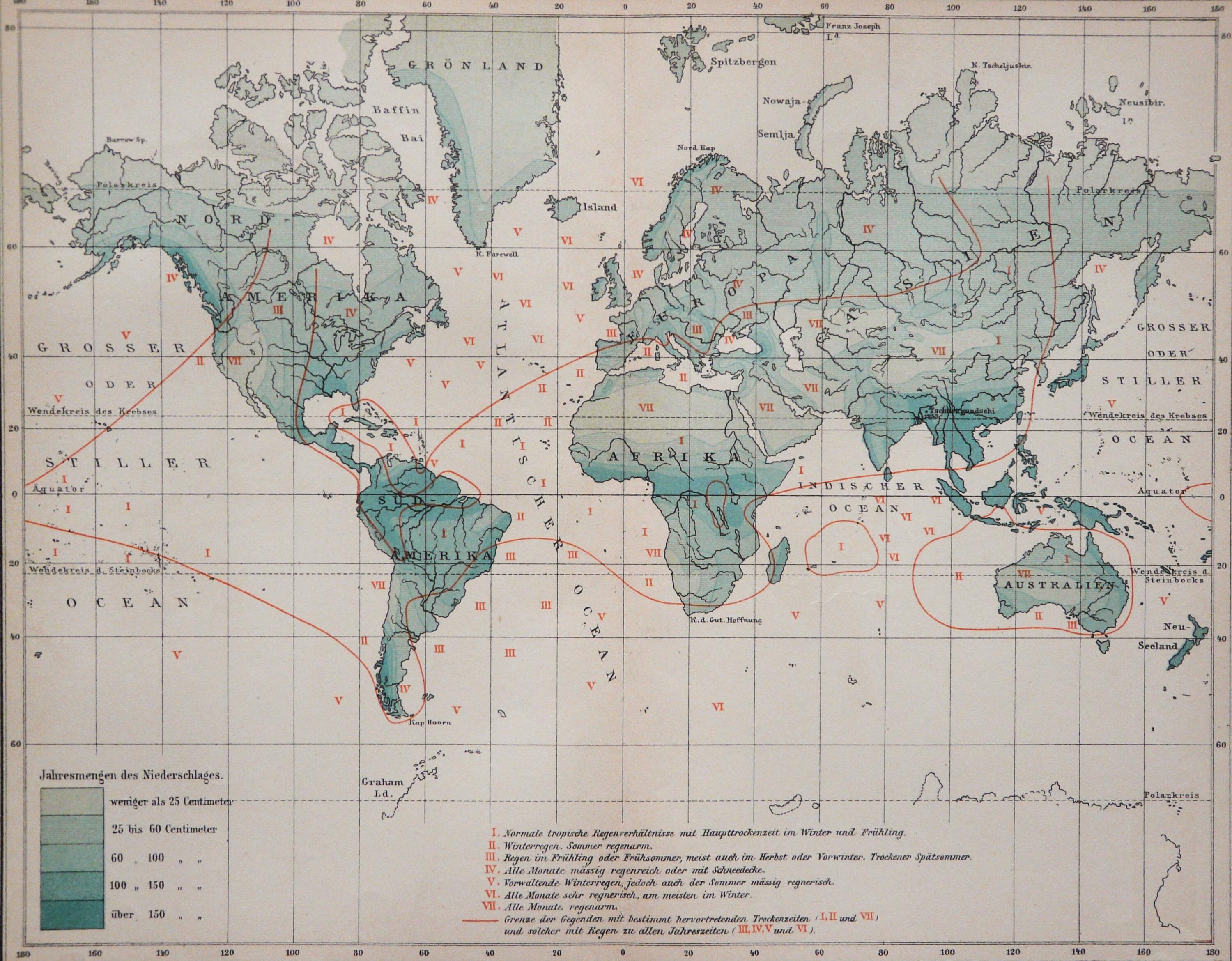 1895 Antique World Map of METEOROLOGY. ANNUAL RAINFALL. Weather Map ...