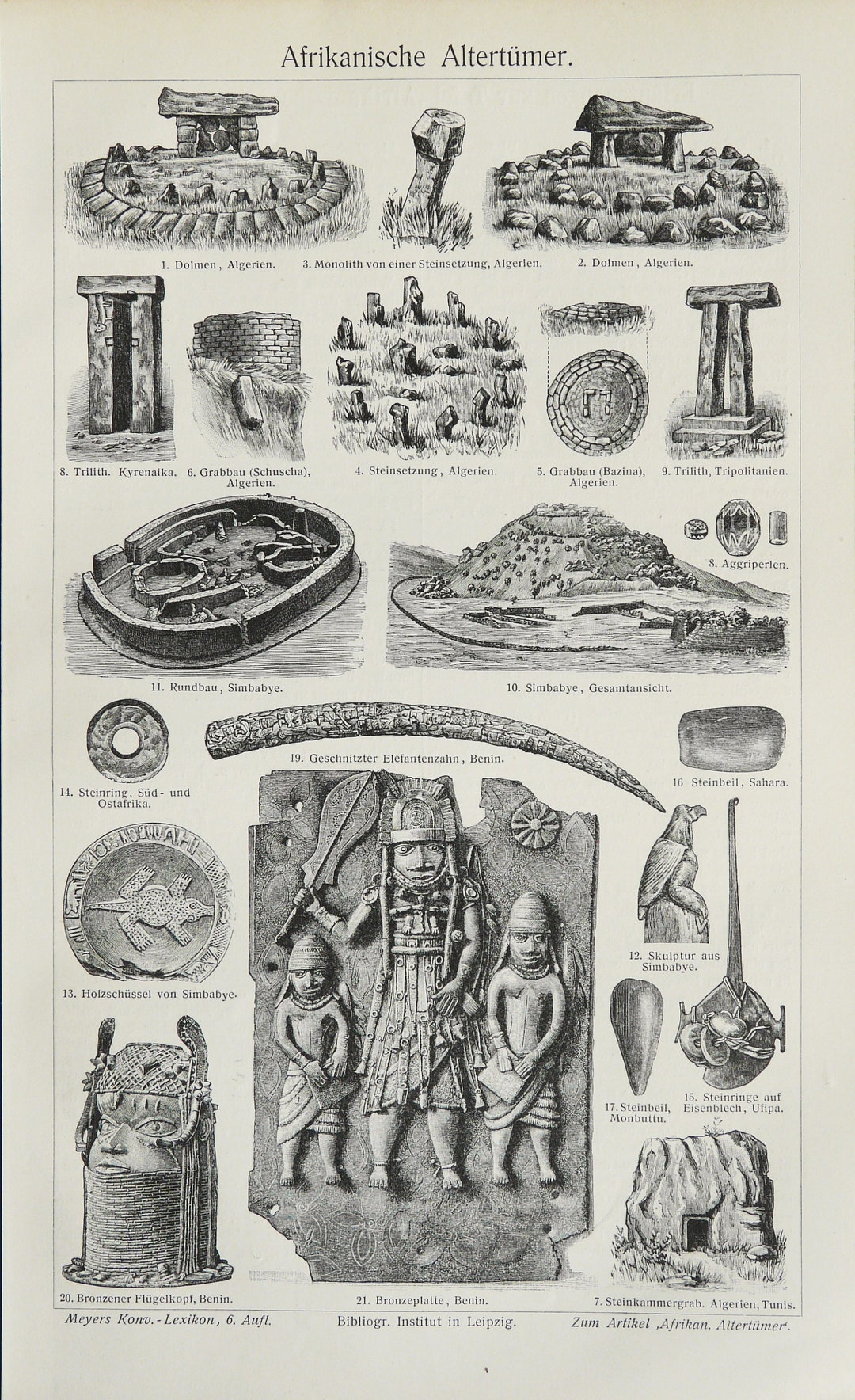 1897 Antique Print of ARCHAEOLOGY, AFRICA, Tools, Utensils, Dolmen ...
