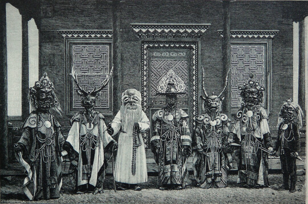1895 Antique Print of MONGOLIAN MASKS. MONGOLIA. Abagaldai Masks ...